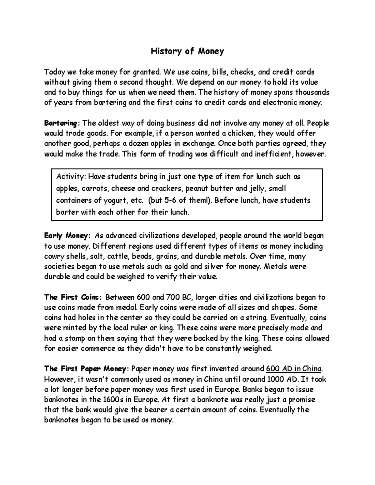 6th Grade Business Math: The Evolution of Money - Studocu