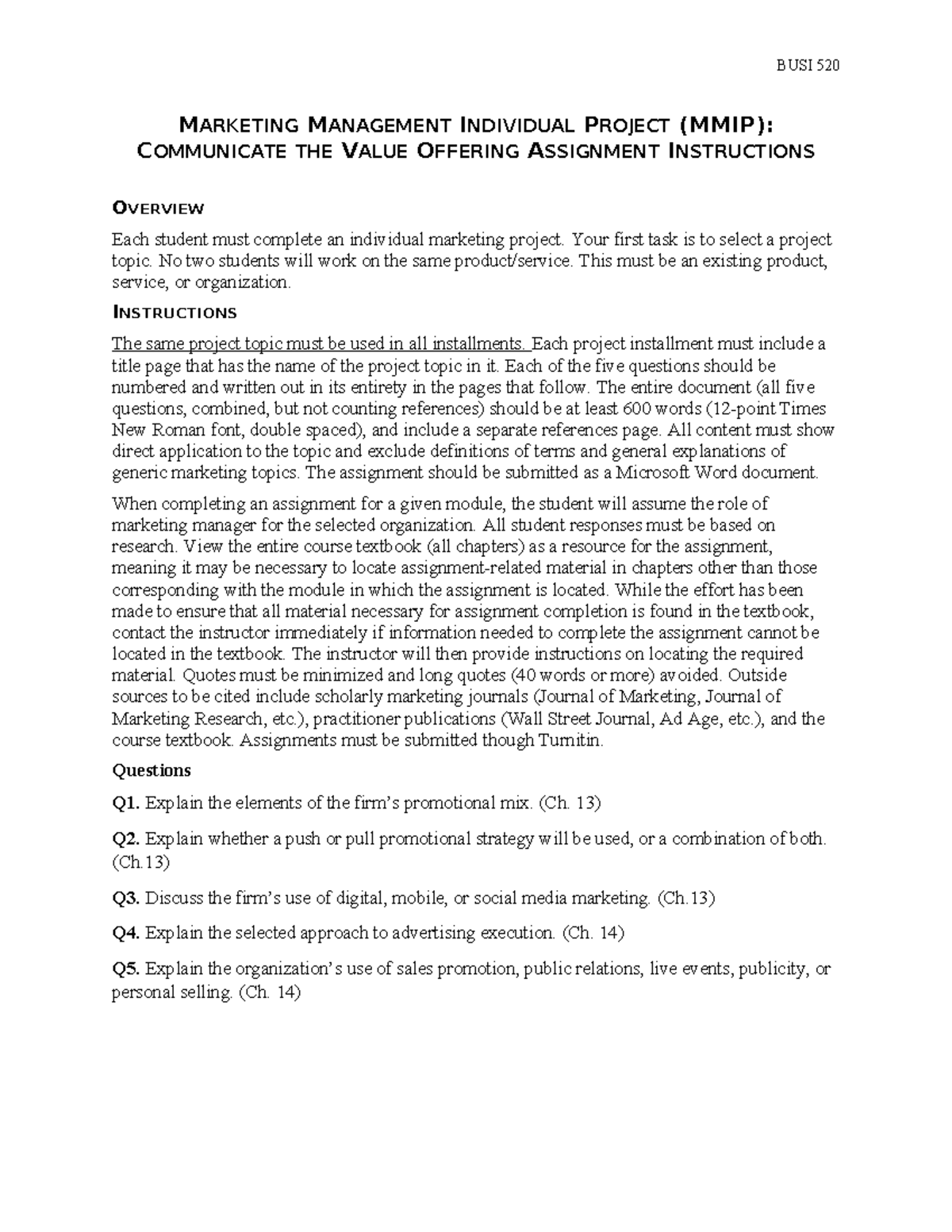 BUSI 520 Marketing Management Individual Project: Value Offering Assignment - Studocu