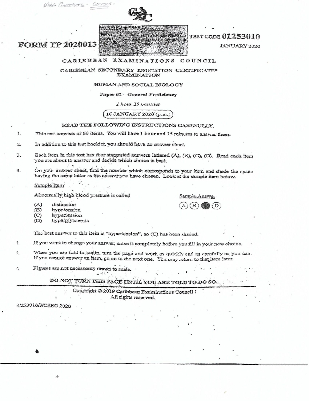 CSEC-HSB-P1-Jan 2020 past paper - Human Anatomy - UWI Mona - Studocu