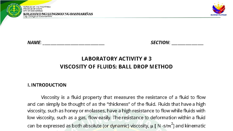 FM-Lab #3: Viscosity of Fluids - Ball Drop Method Experiment - Studocu