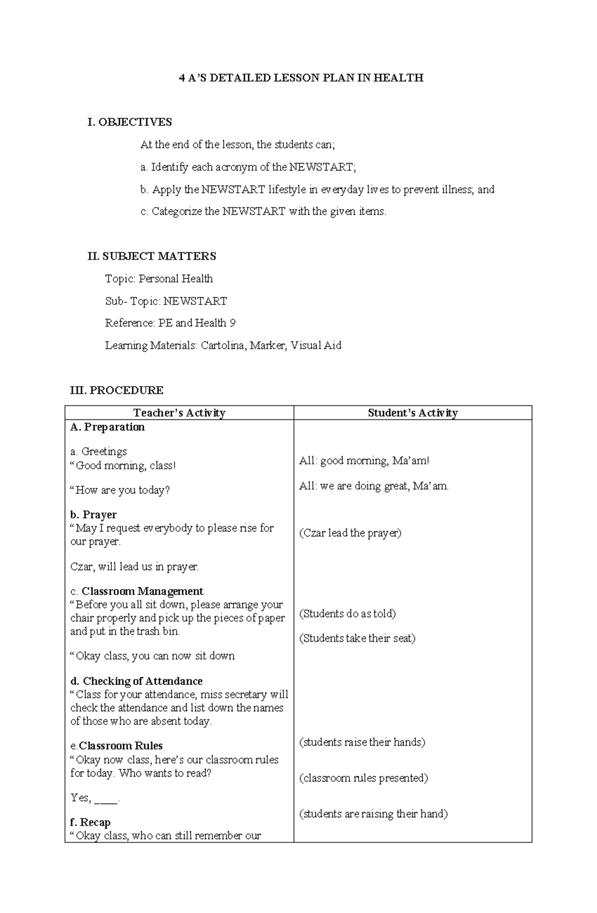 Lesson Plan in Physical Education - 4 DETAILED LESSON PLAN IN HEALTH I ...