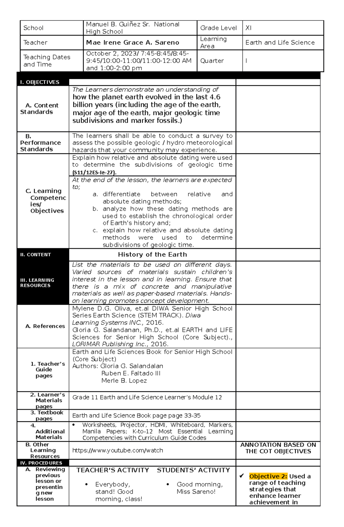 Lesson Plan for Earth and Life Science (ELS 12) - October 2023 - Studocu