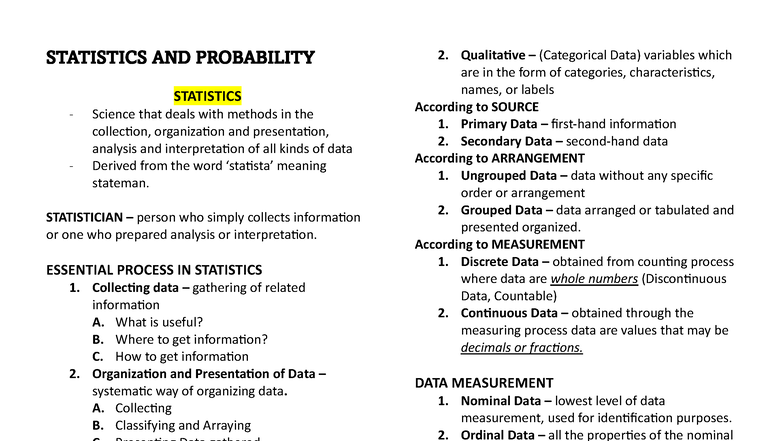 Statistics and Probability - STATISTICS AND PROBABILITY STATISTICS ...