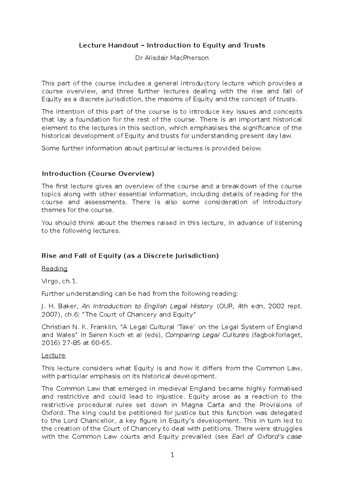 Lecture Handout - Intro to Equity & Trusts (Course Overview) - Studocu