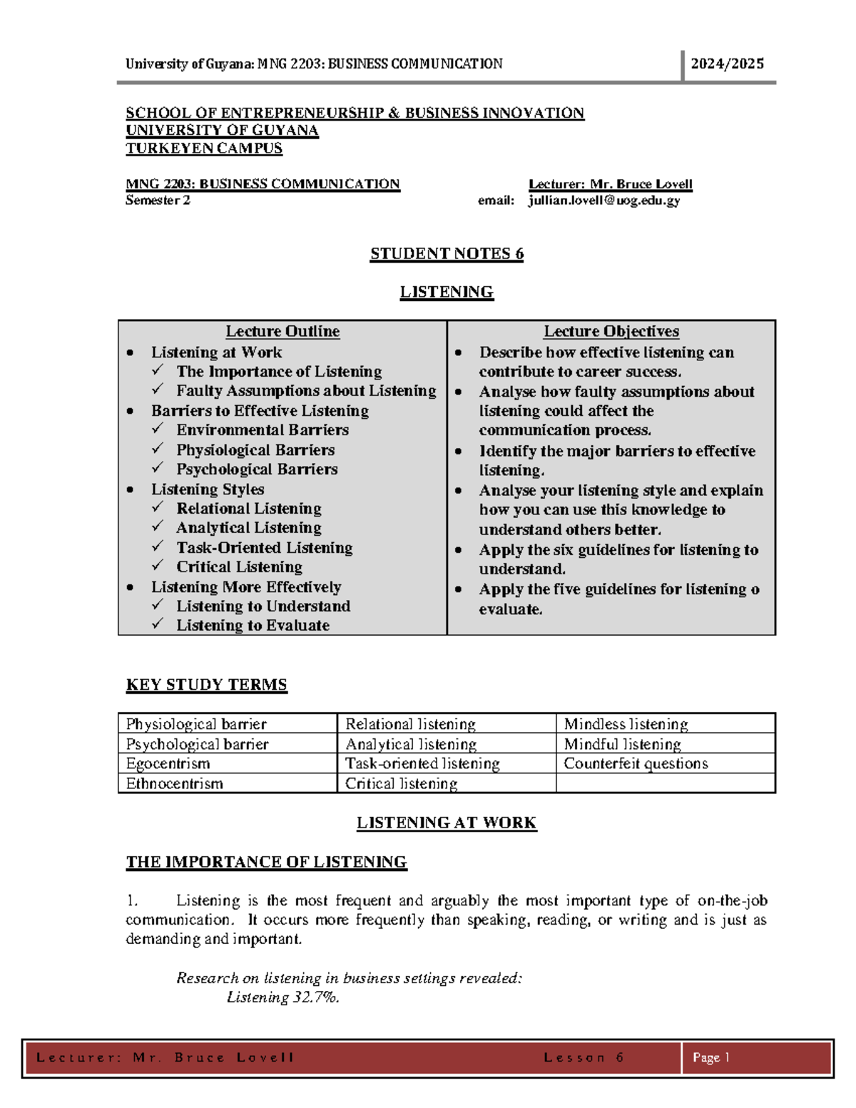 MNG 2203: Business Communication - Lecture 6: Effective Listening ...