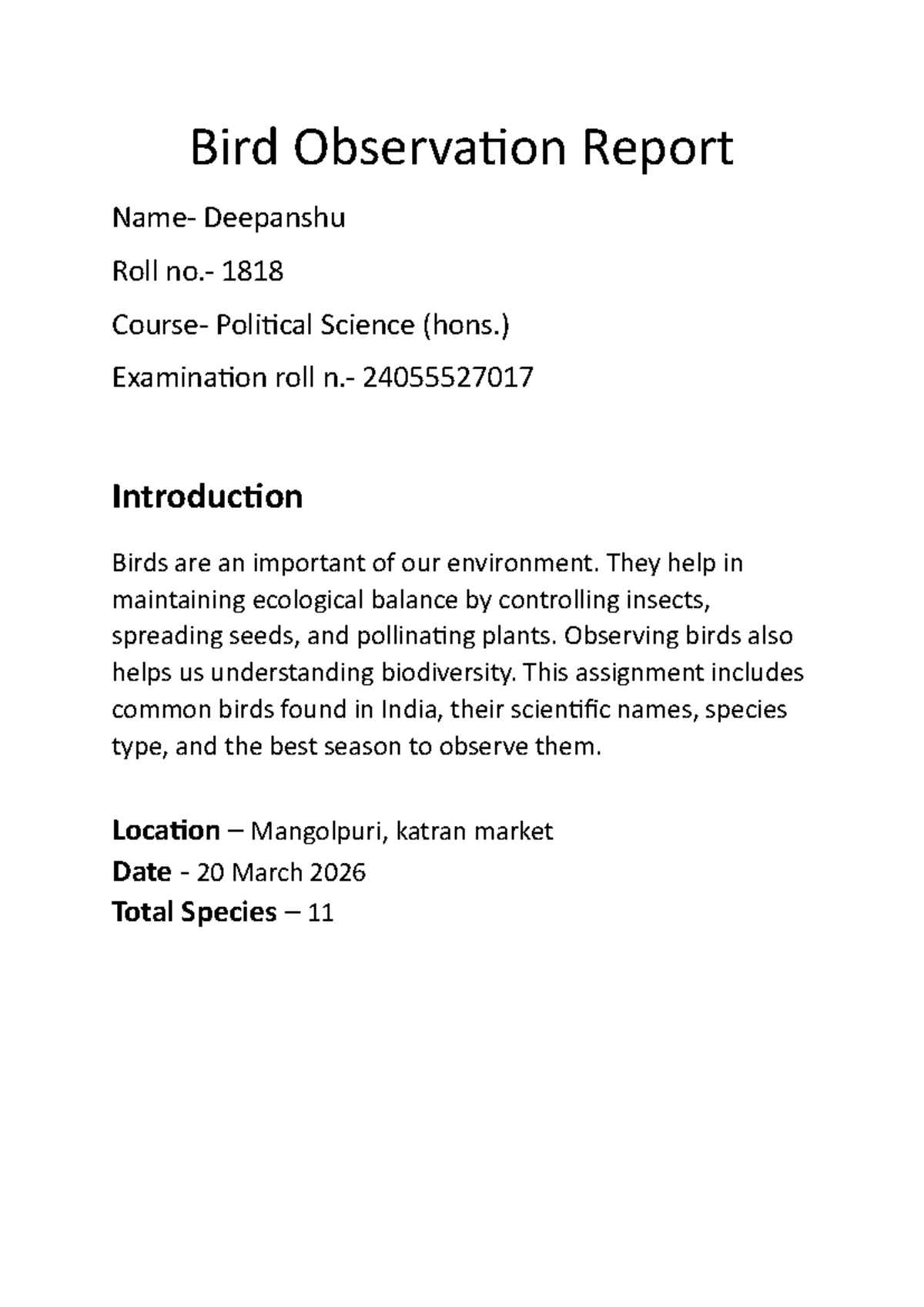 Bird Observation Report: Political Science (Hons.) Exam Roll 1818 - Studocu