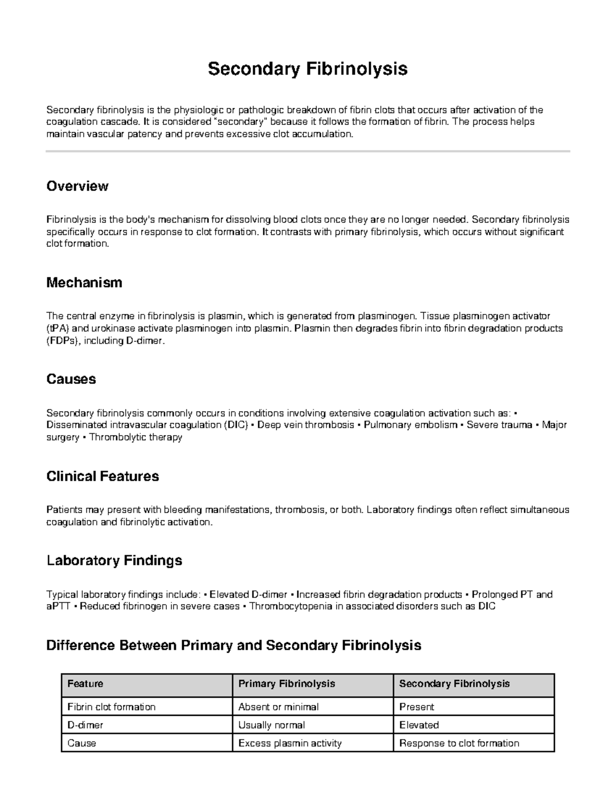 Secondary Fibrinolysis: Mechanisms, Causes, and Clinical Features - Studocu