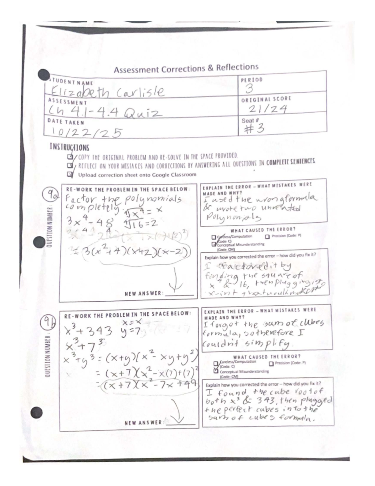 Assessment Corrections & Reflections for Honors Algebra 2 (Period 3 ...