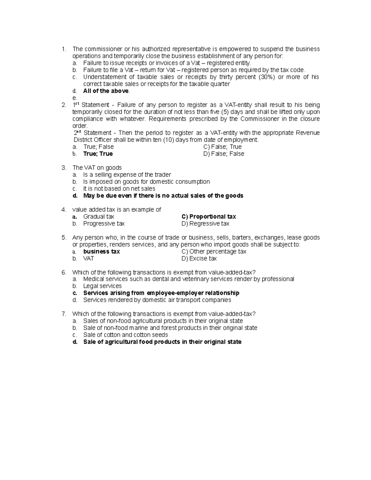 VAT Tax Questions and Answers for Taxation Course (Tax 101) - Studocu