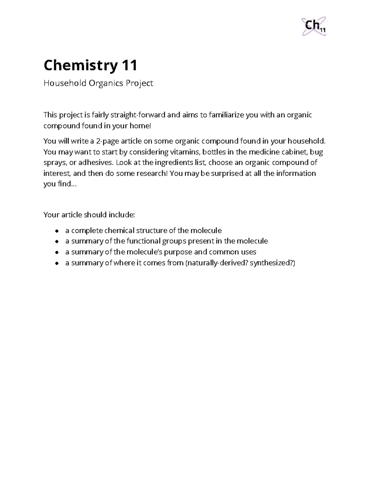 Chemistry 11: Household Organics Project Overview and Guidelines - Studocu