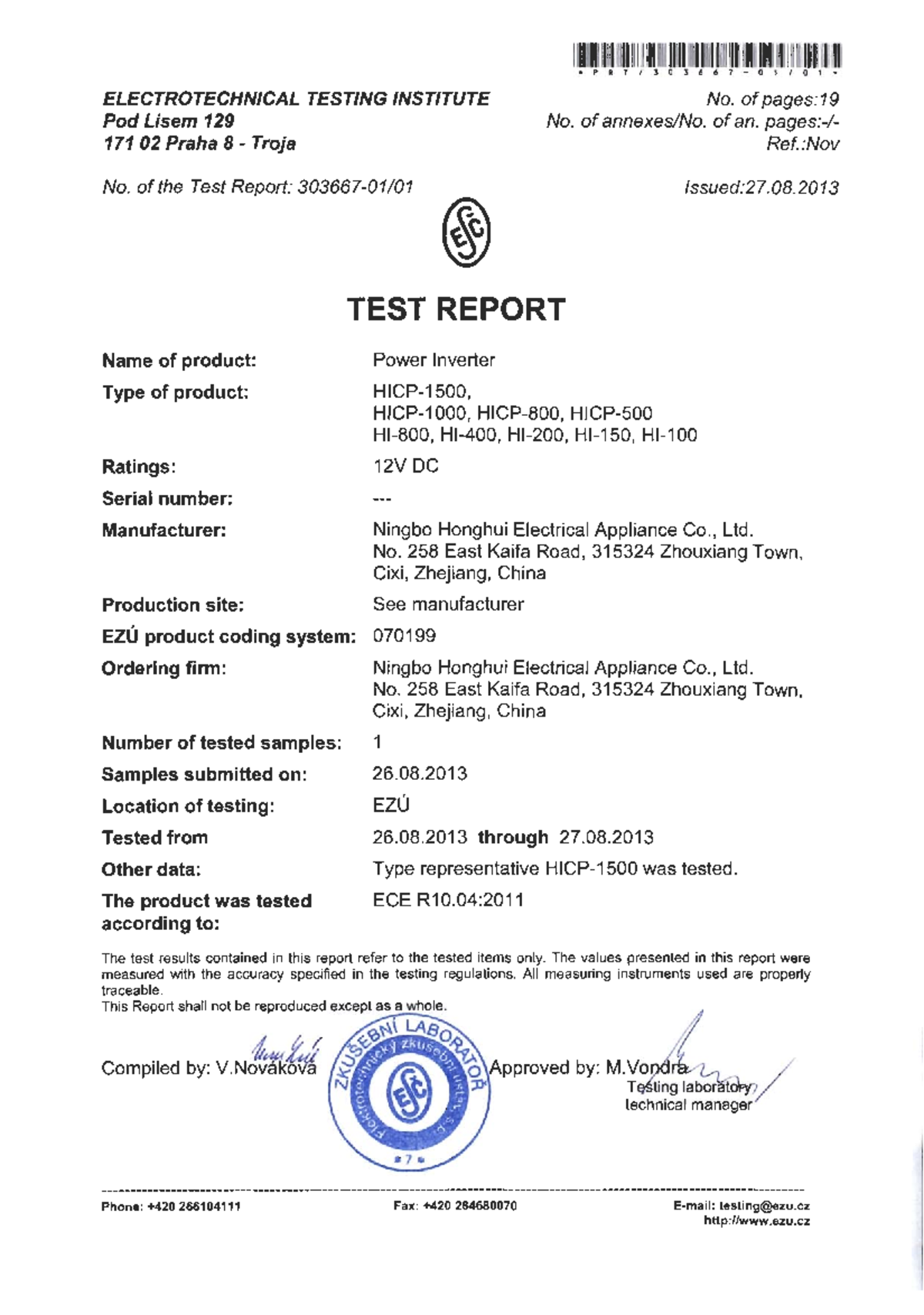 Test Report TR2-E8 HNG: Power Inverter Compliance ECE R10.04 - Studocu