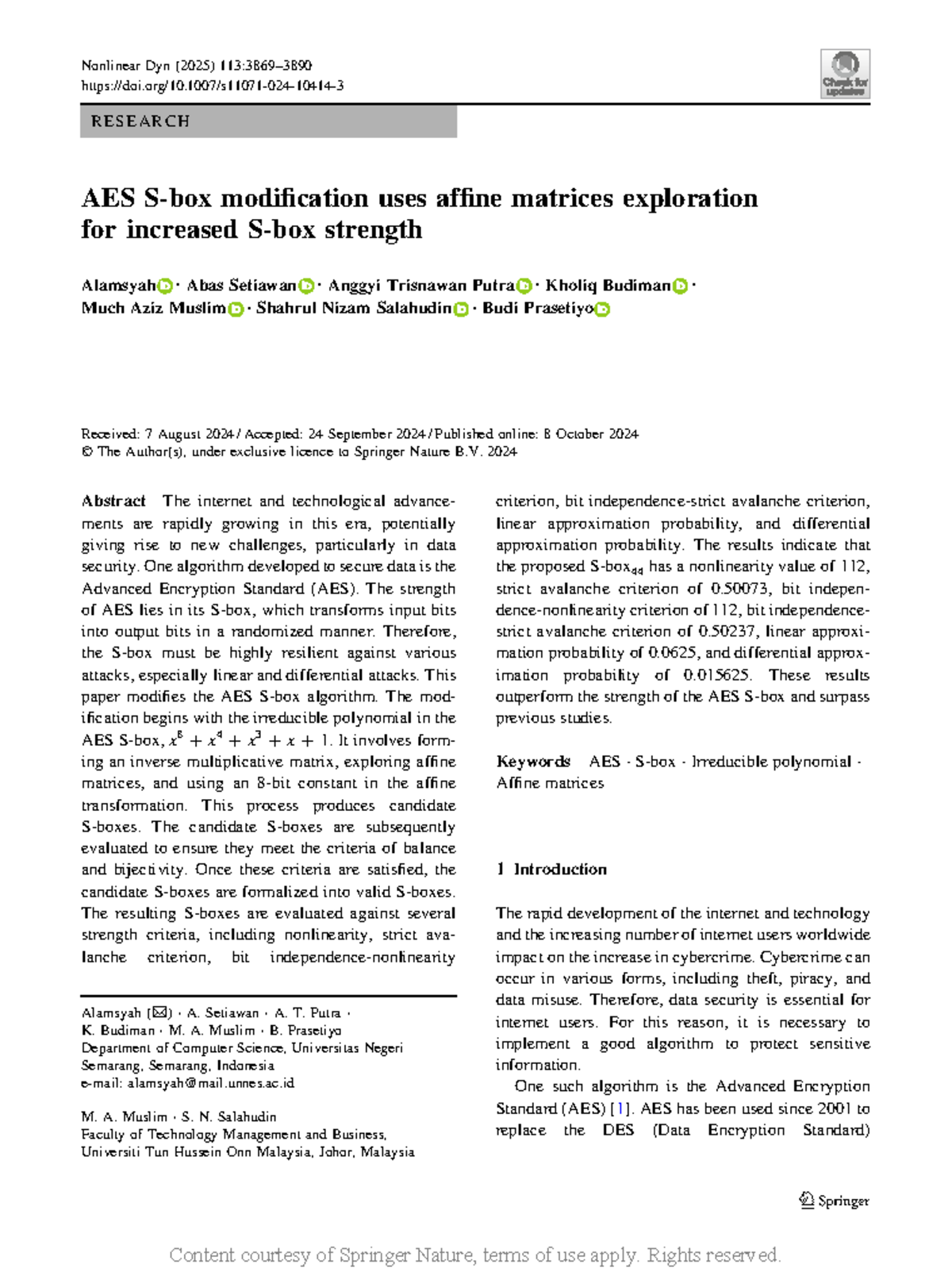 AES S-Box Modification Using Affine Matrices for Enhanced Security ...