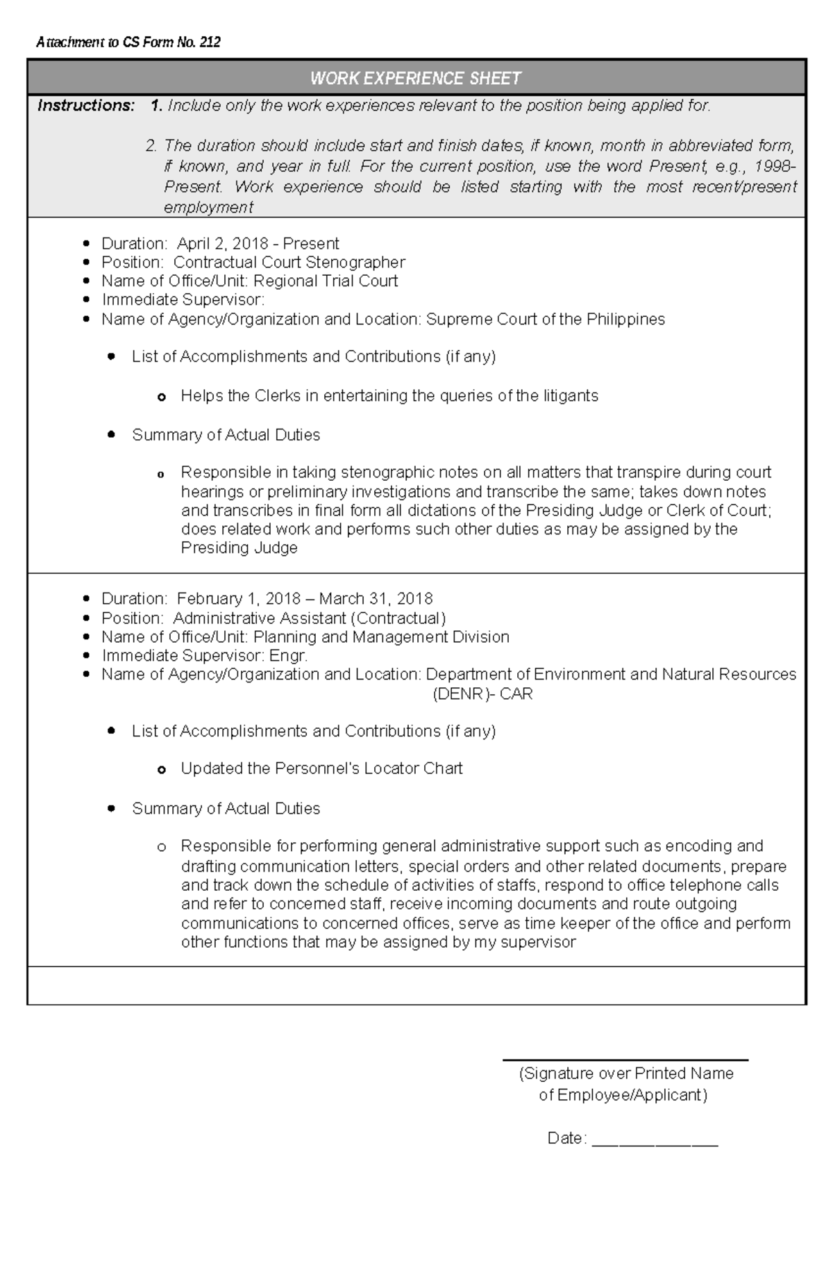 CS Form No. 212 Attachment: Work Experience Sheet Sample Guide - Studocu