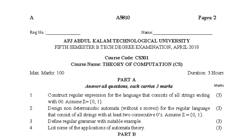 2018 April CS301 B: Theory of Computation Exam Paper - Studocu