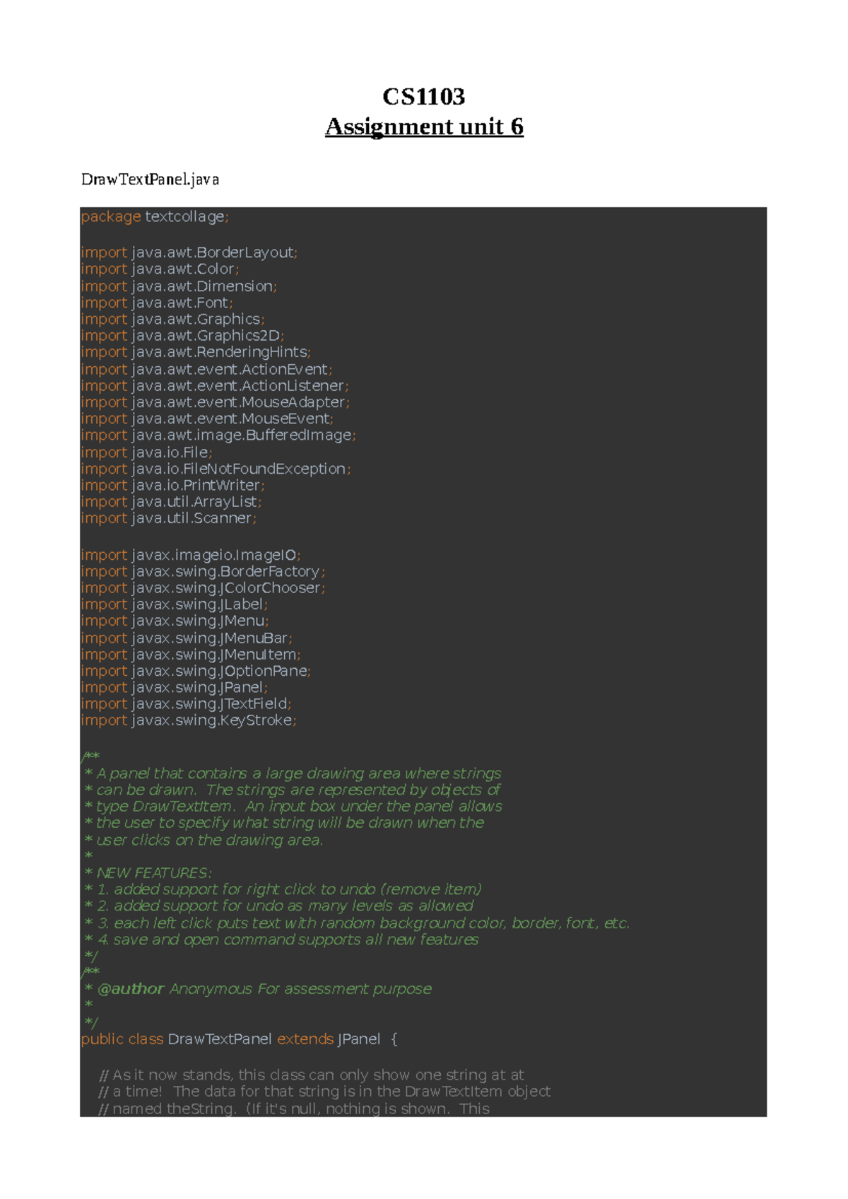 CS1103 Assignment unit 6 - CS Assignment unit 6 DrawTextPanel package ...