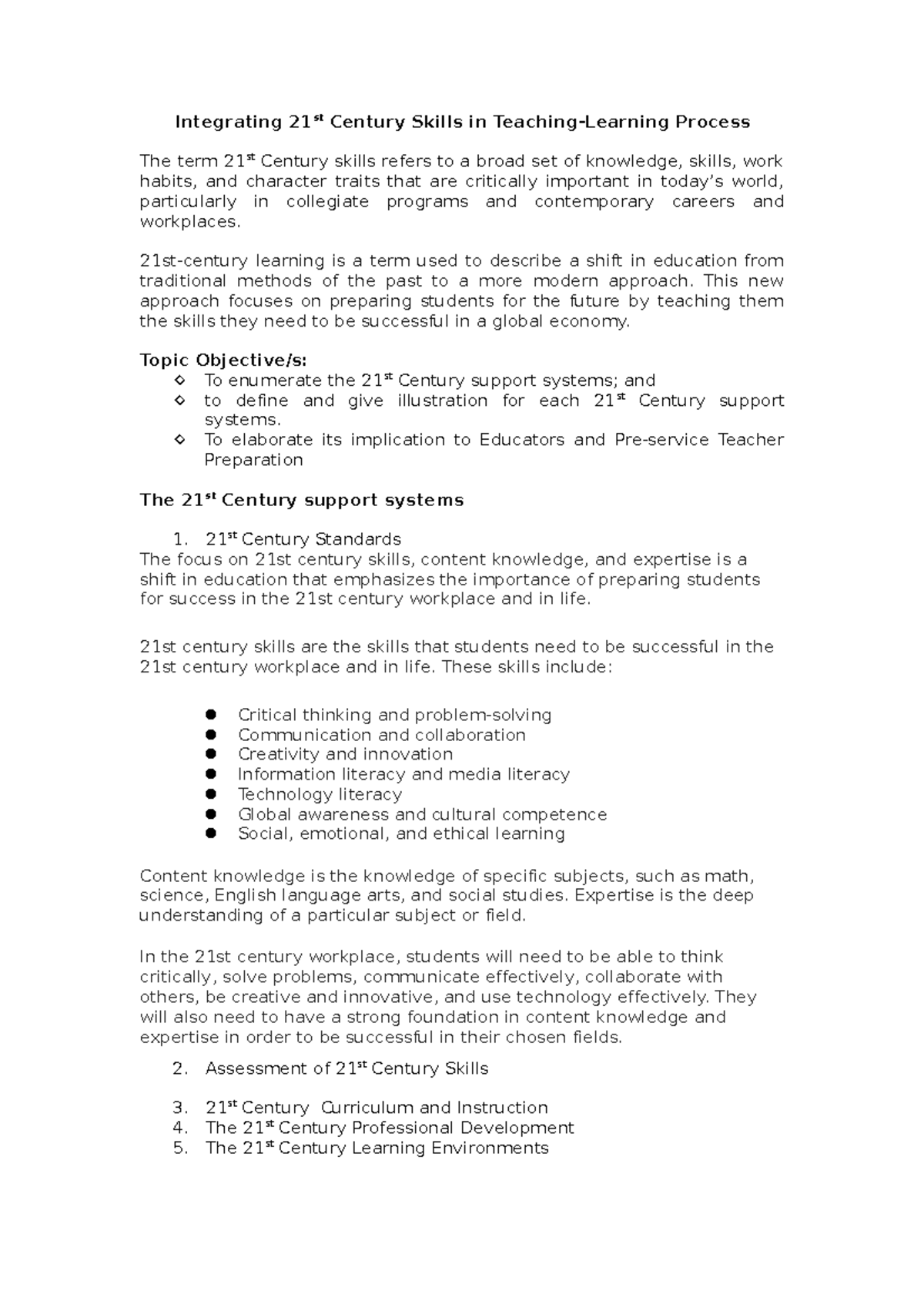 Integrating 21st Century Skills in Teaching-Learning Approaches - Studocu