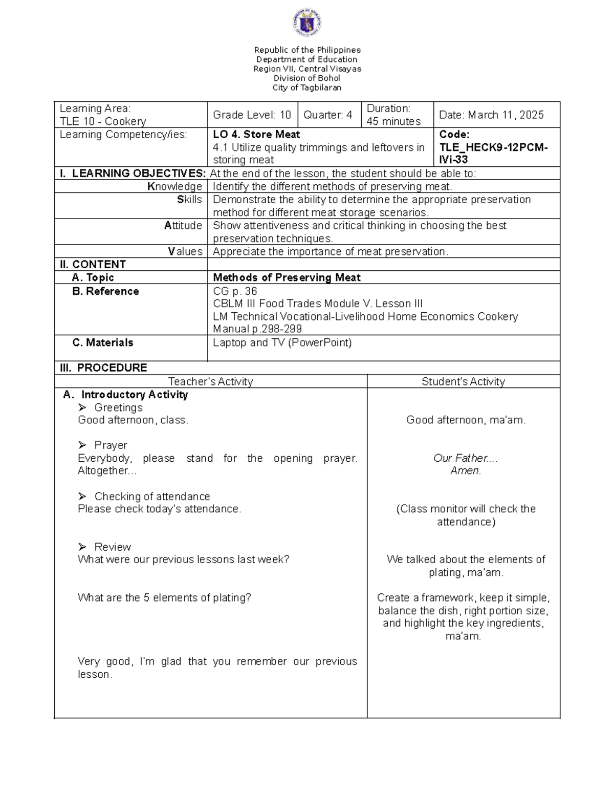 C10 TLE 10 Lesson on Methods for Preserving Meat Storage Techniques ...