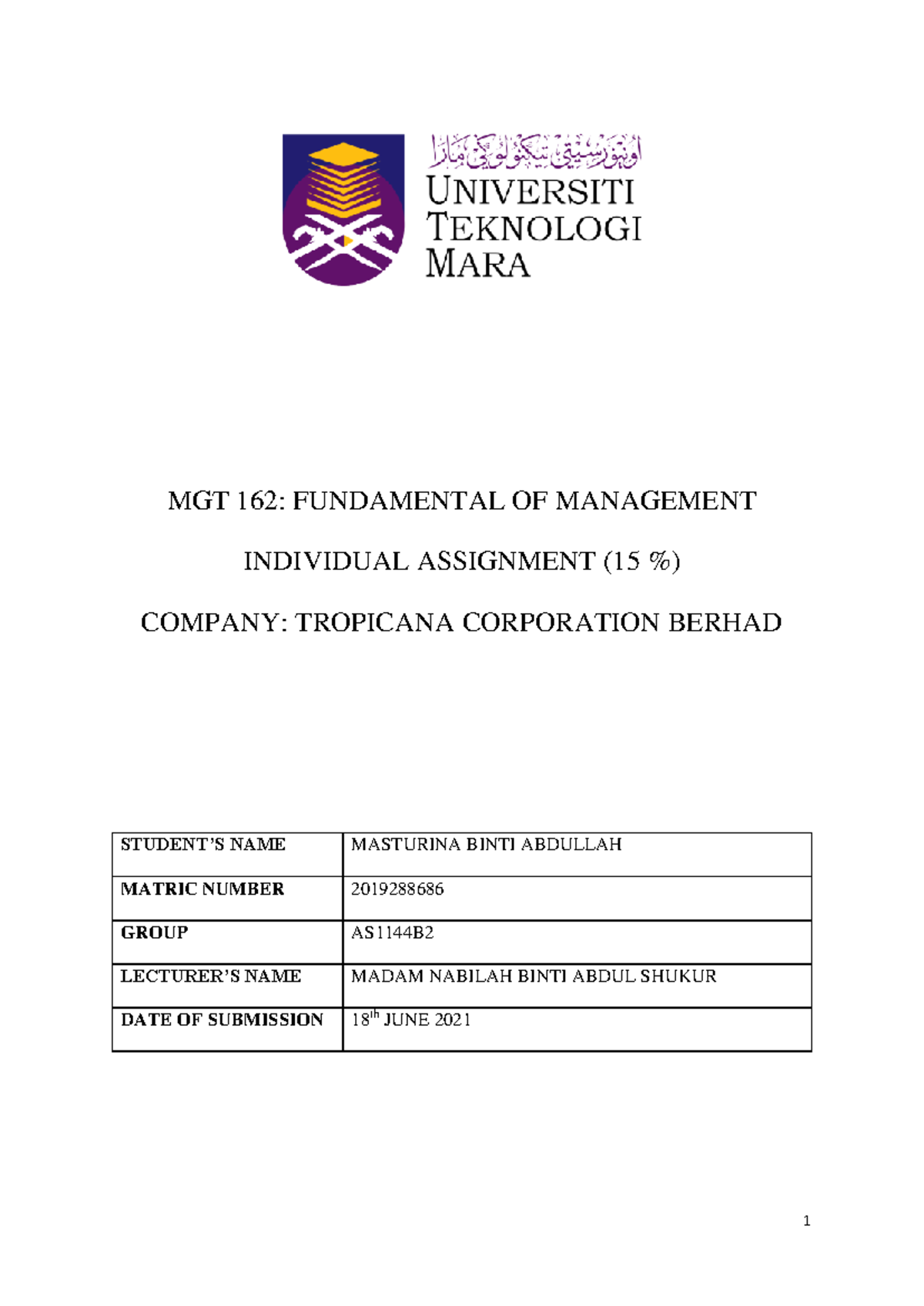 Individual assessment mgt162 - MGT 162: FUNDAMENTAL OF MANAGEMENT ...