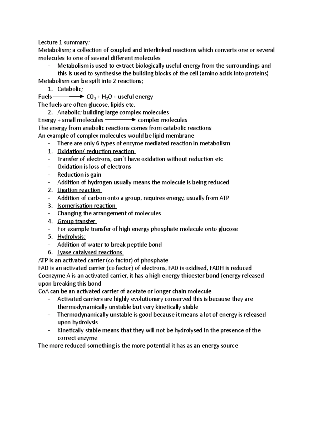 BIOL201 Lecture 19: Lipid Metabolism & Energy Utilization Summary - Studocu