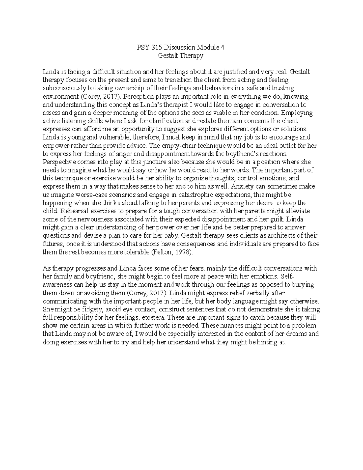 PSY 315 Discussion M4: Understanding Gestalt Therapy Techniques - Studocu