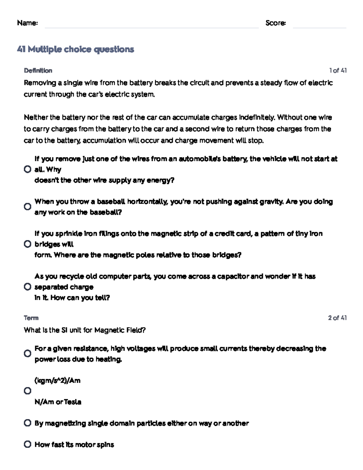 Physics 101: Concepts of Electric Circuits & Magnetism - MCQ Study ...