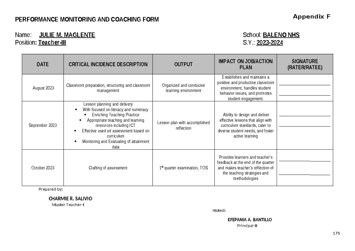 Performance Monitoring and Coaching Form (PMCF) for Julie M. Maglente ...