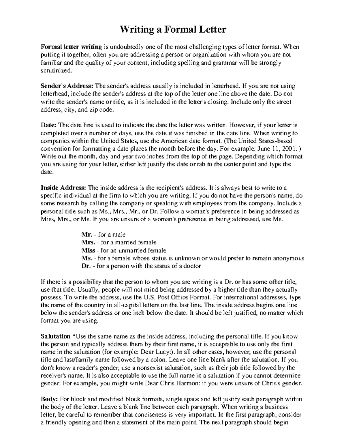 Formal Letter Writing Workshop - Writing a Formal Letter Formal letter ...