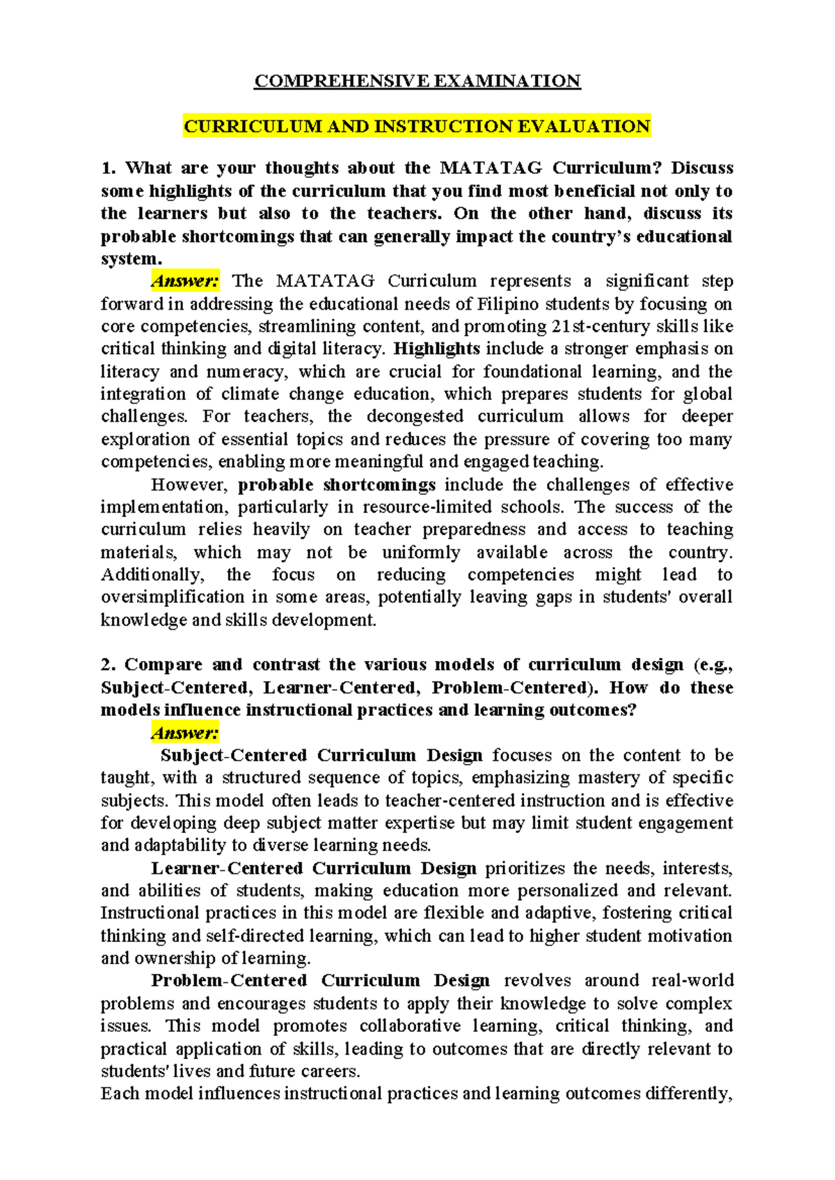 CURRICULUM AND INSTRUCTION EVALUATION: MATATAG Insights and Models ...