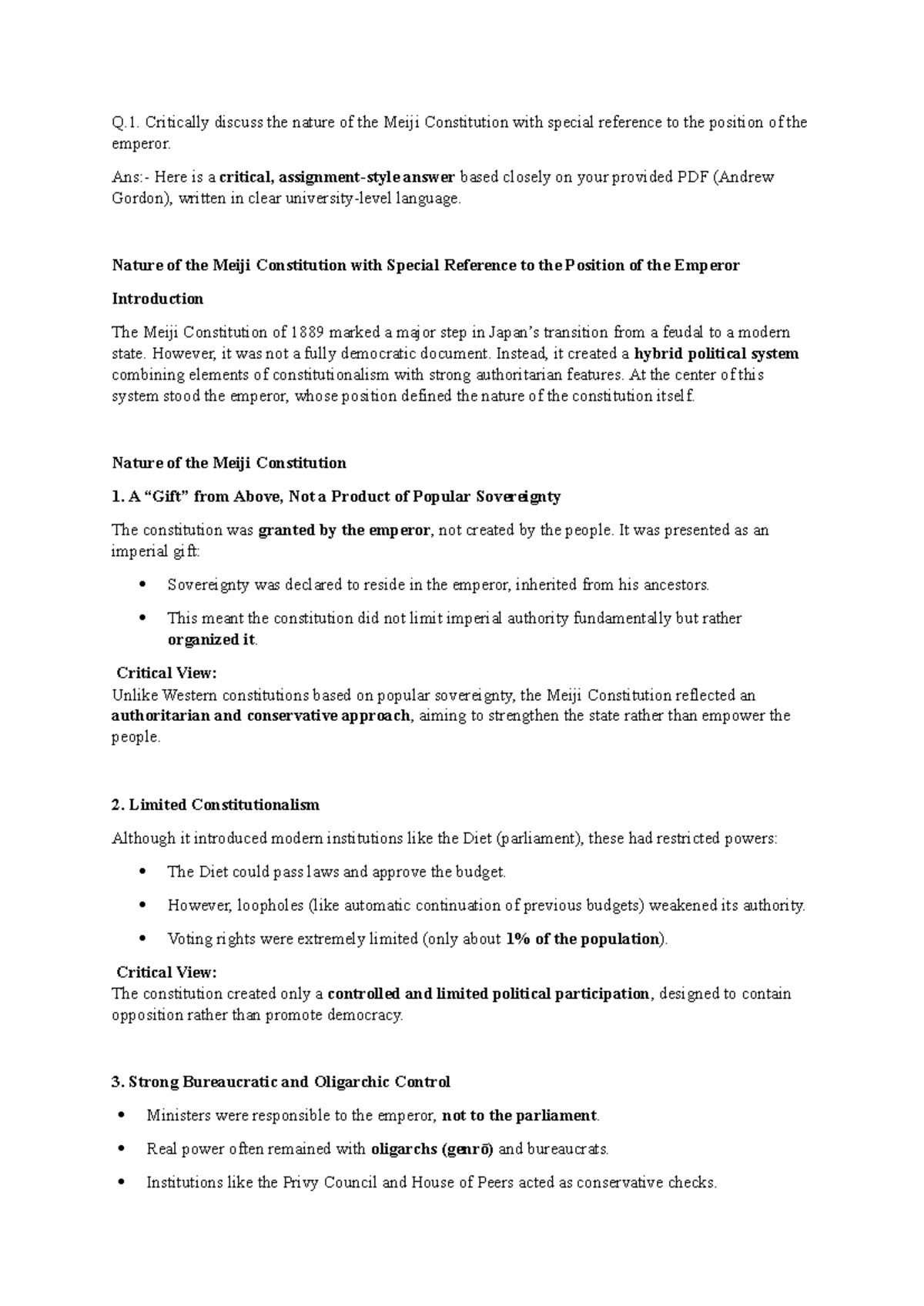 Japan Assignment: Analyzing the Meiji Constitution & Emperor's Role ...
