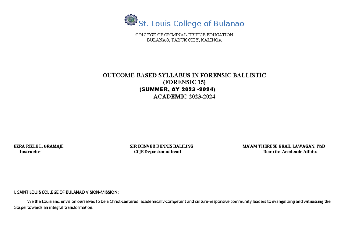 OUTCOME-BASED SYLLABUS: FORENSIC BALLISTICS (FORENSIC 15) 2023-2024 ...