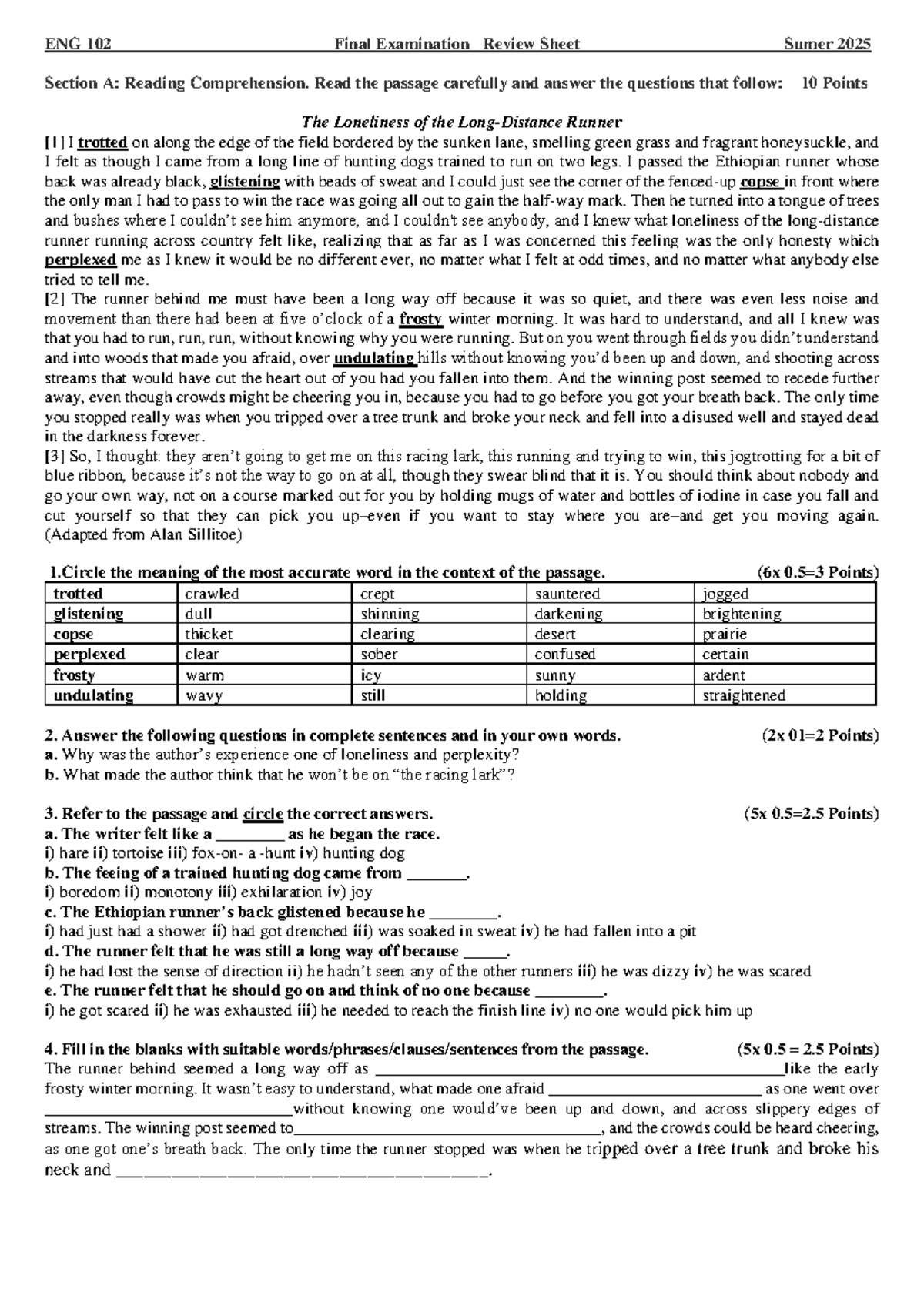 ENG 102 Final Exam Review Sheet: Reading Comprehension & Editing Tips ...