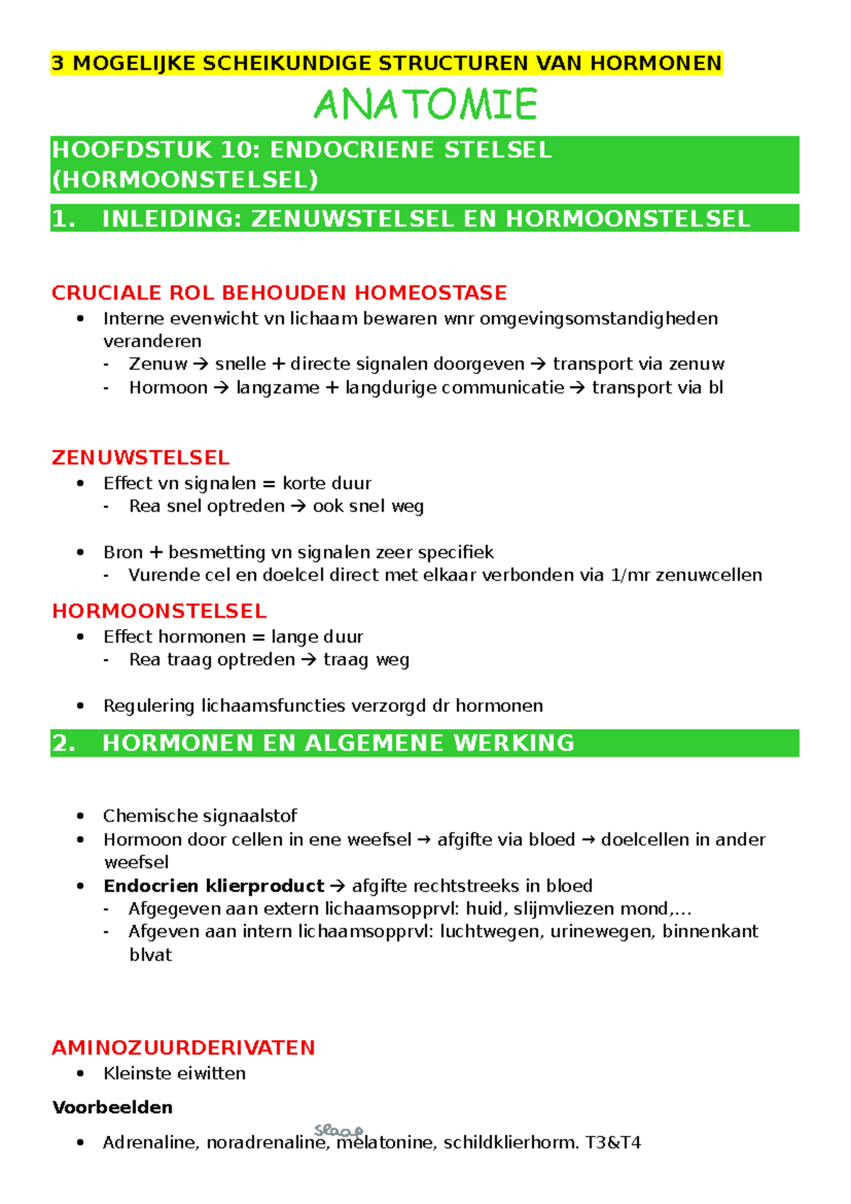 Anatomie HS10: Samenvatting van het Endocriene Stelsel en Hormonen ...