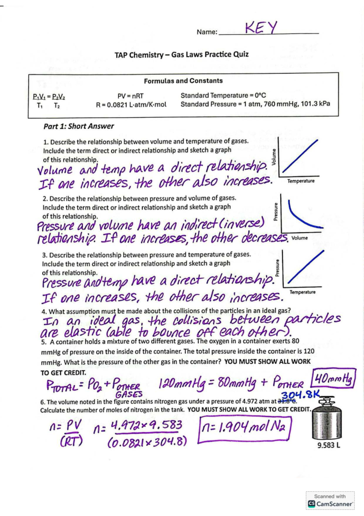 KEY TAP Chemistry Gas Laws Practice Quiz: Formulas & Constants - Studocu
