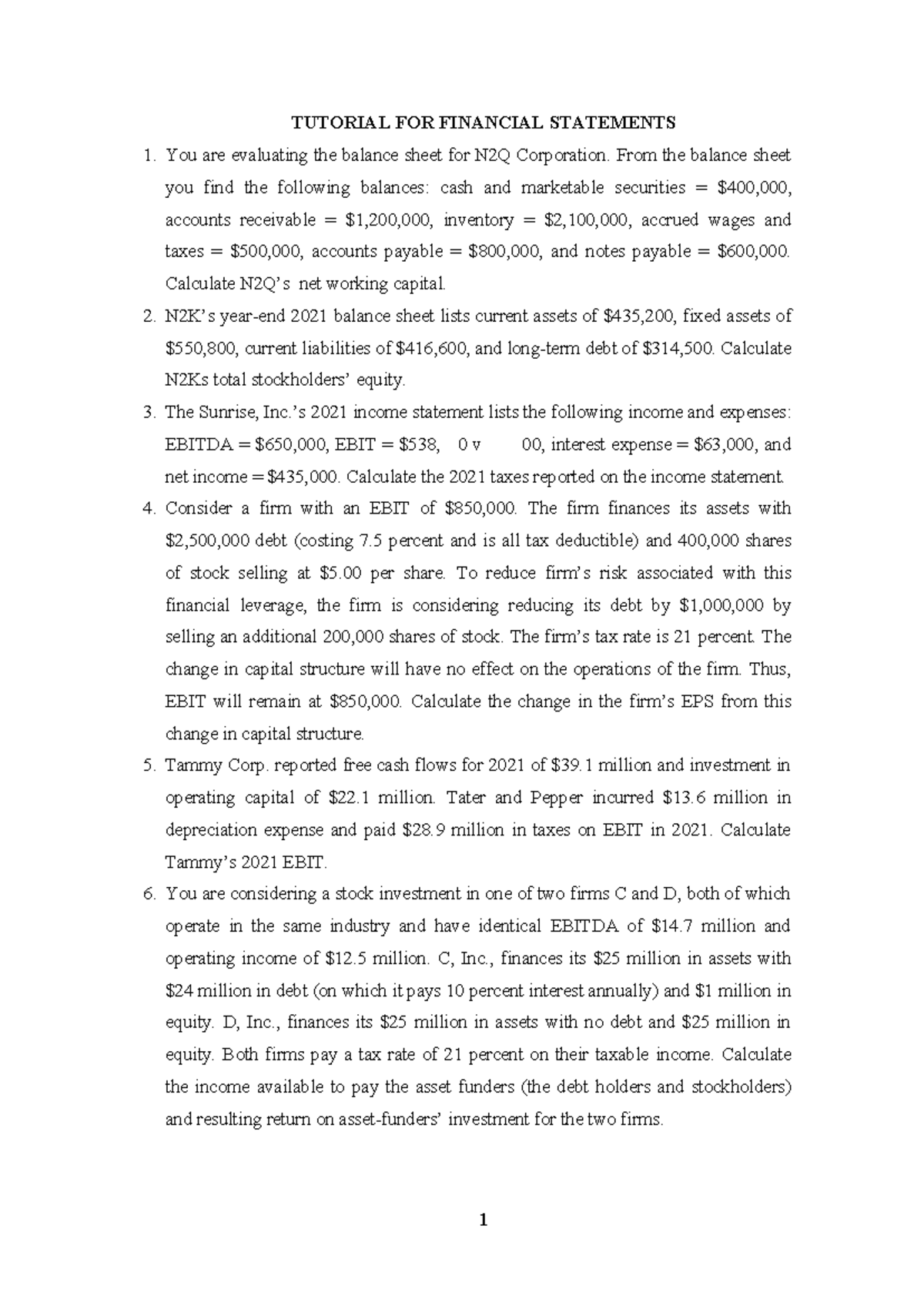 TUTORIAL FOR FINANCIAL STATEMENTS (FIN 101) - Key Calculations and ...