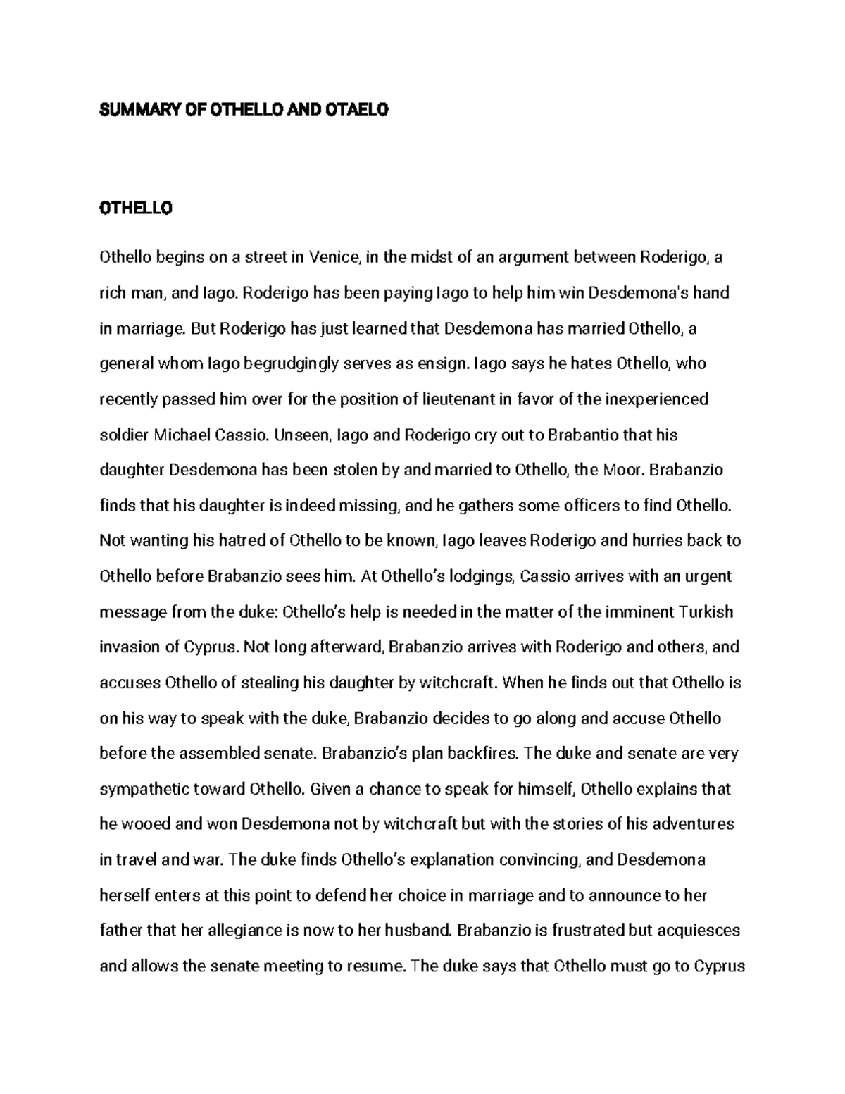 Summary of ENG 422: Othello and Otaelo Analysis - Studocu