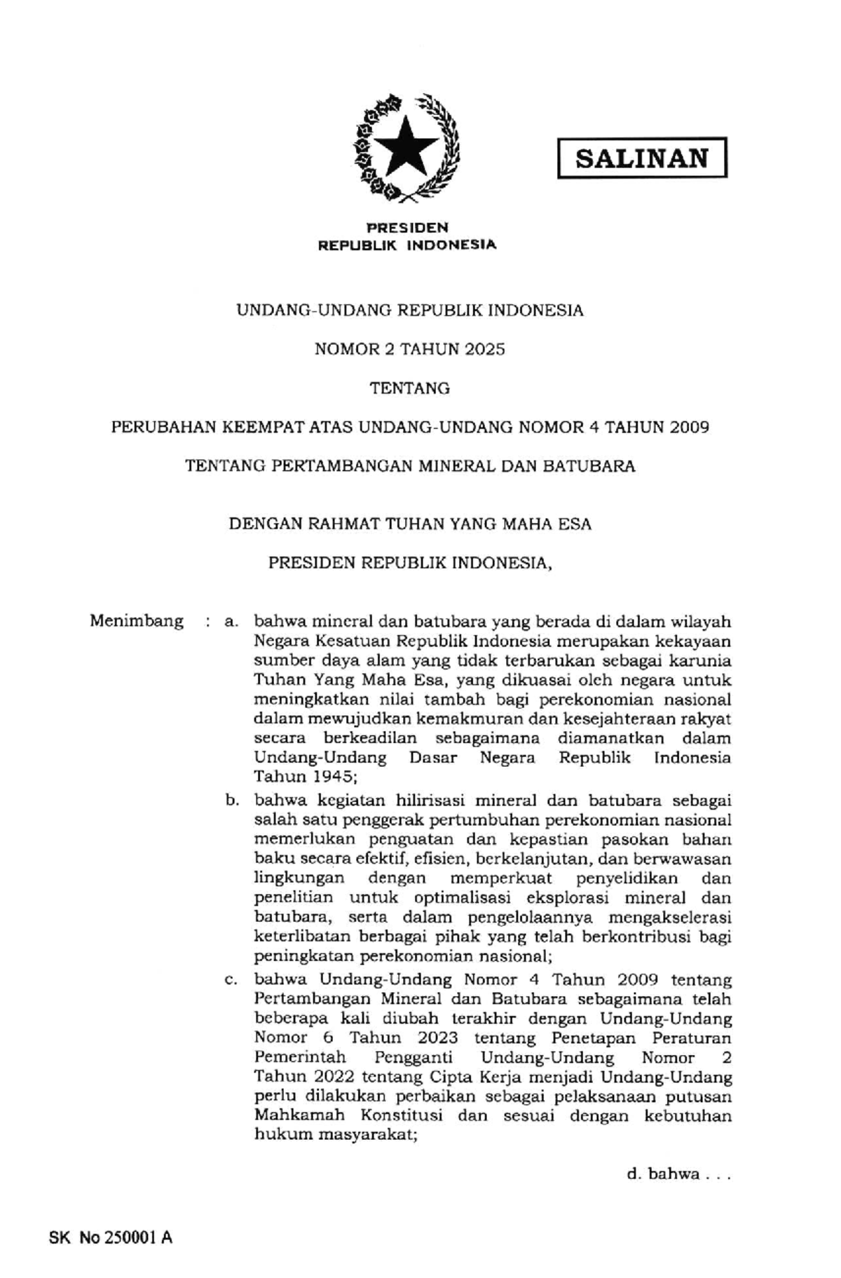 Salinan UU No. 2 Tahun 2025: Perubahan Keempat UU No. 4 Tahun 2009 ...