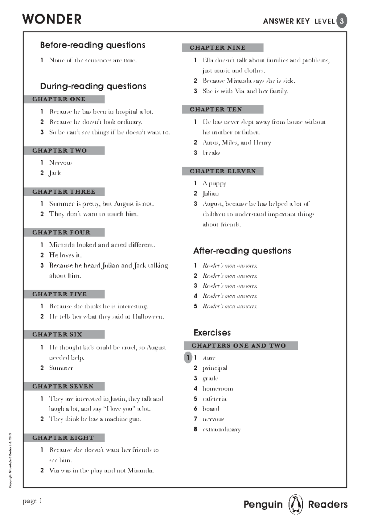 Wonder Answer Key - CHAPTER ONE CHAPTER TWO CHAPTER THREE CHAPTER FO UR ...