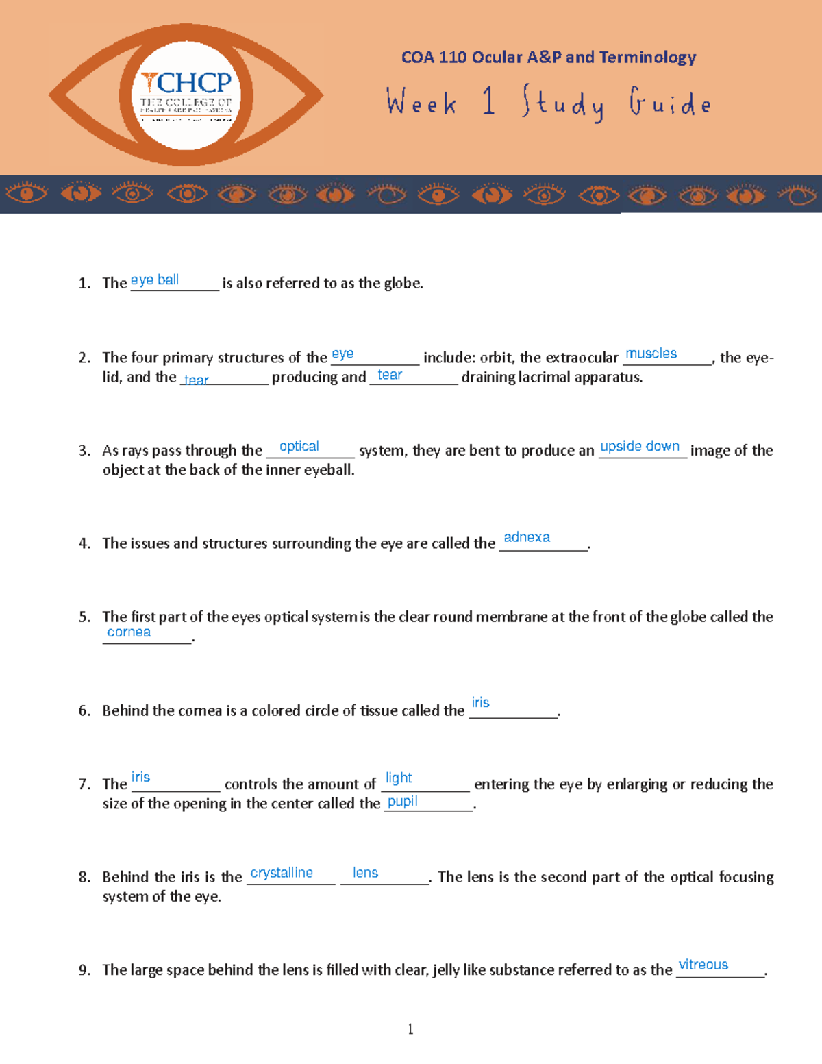 COA 110 Week 1 Study Guide: Ocular Anatomy & Terminology - Studocu