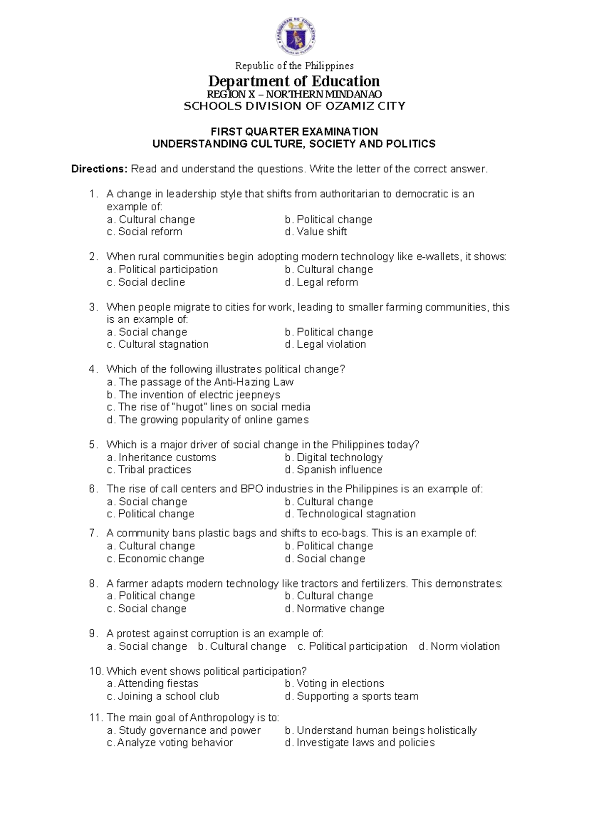 UCSP 1ST QTR EXAM: Understanding Culture, Society & Politics - Studocu