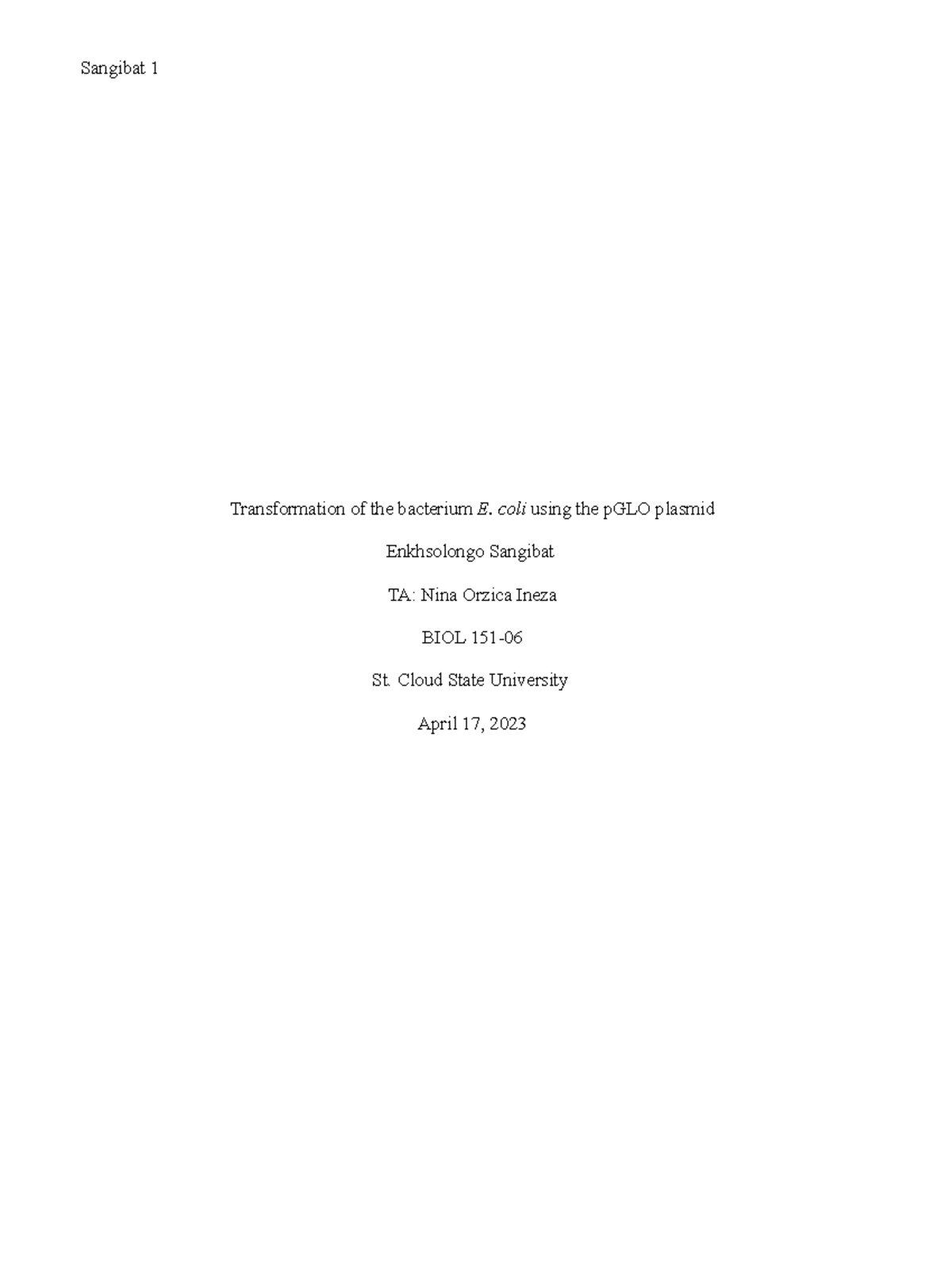 BIOL 151: Bacterial Transformation Lab Report Using pGLO Plasmid - Studocu