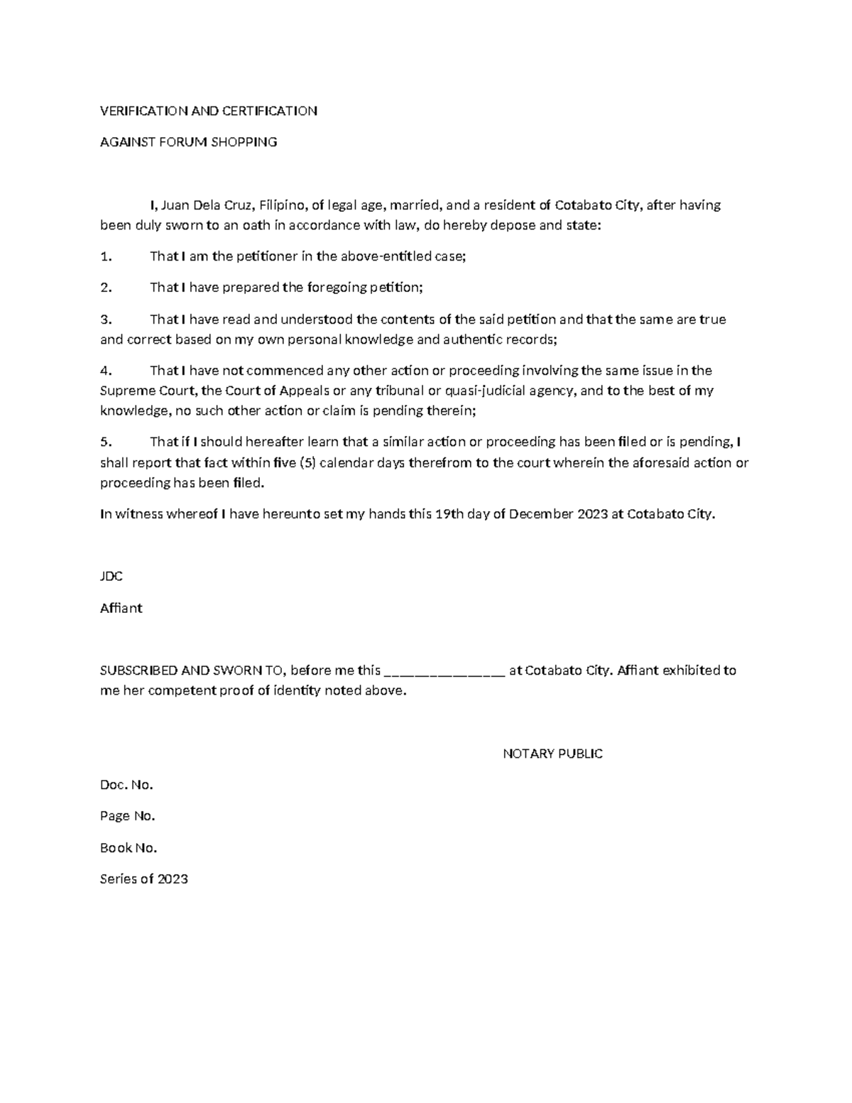 Verification and Certification Against Forum Shopping - JDC - Studocu