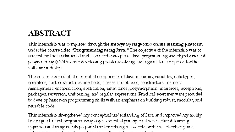 Java Programming Internship Report - Infosys Springboard - Studocu