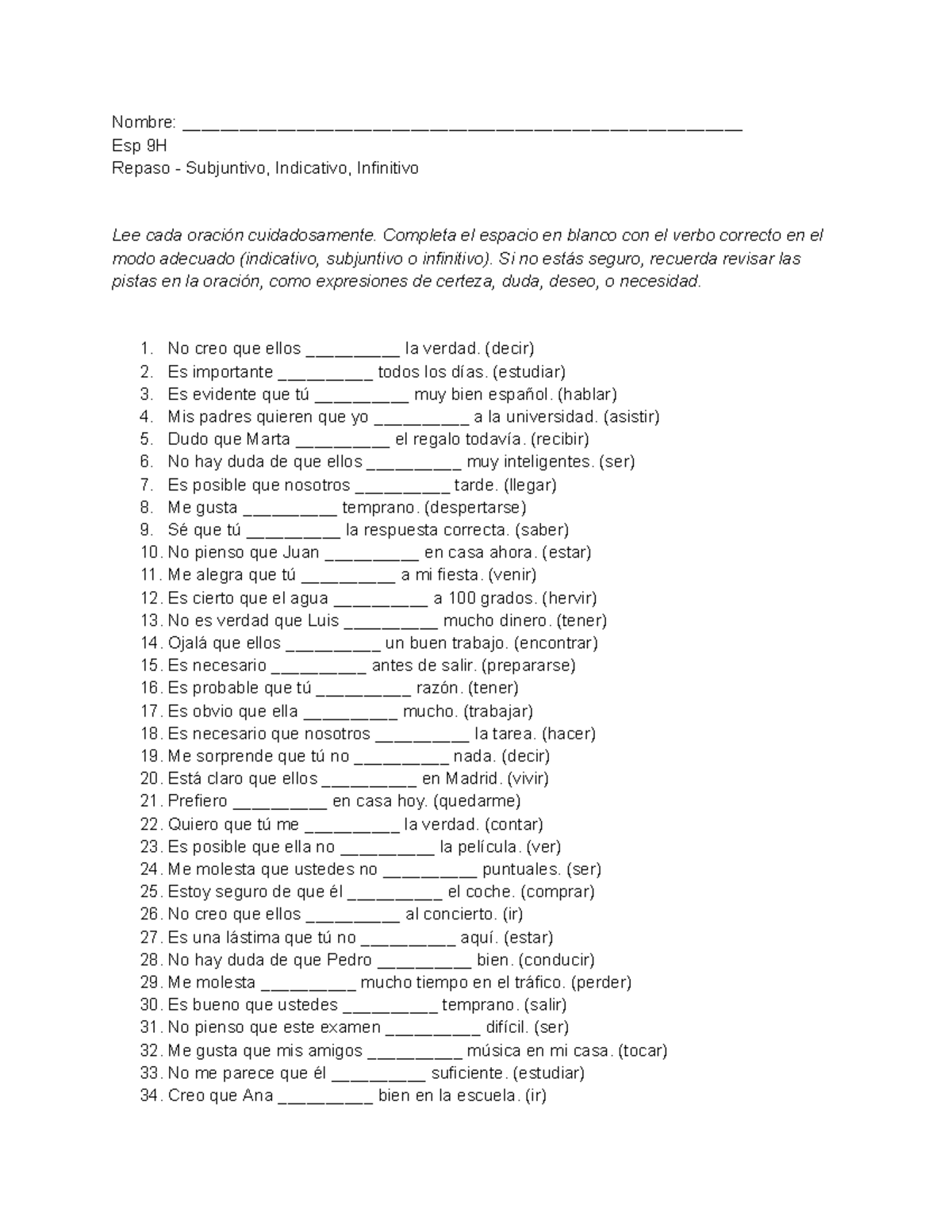 Esp 9H - Repaso de Modos Verbales: Subjuntivo, Indicativo, Infinitivo ...