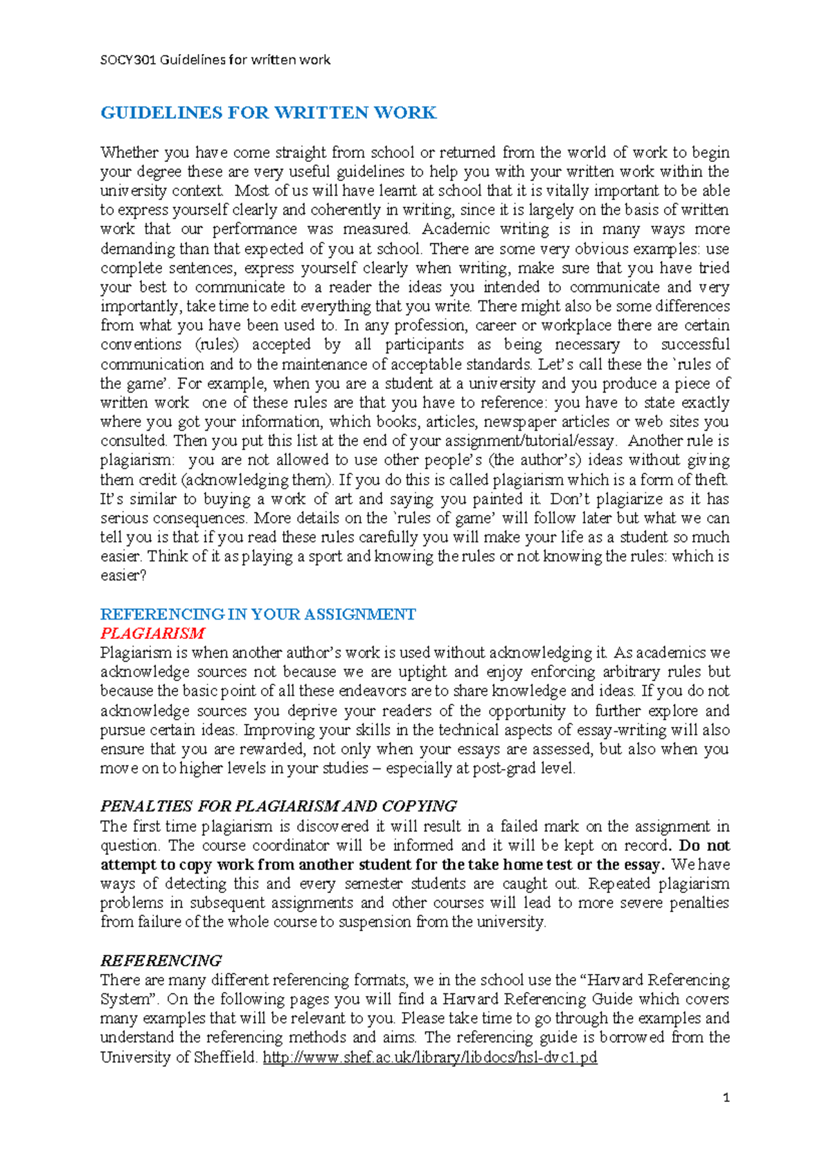 SOCY301 Guidelines for Academic Writing and Referencing Standards - Studocu