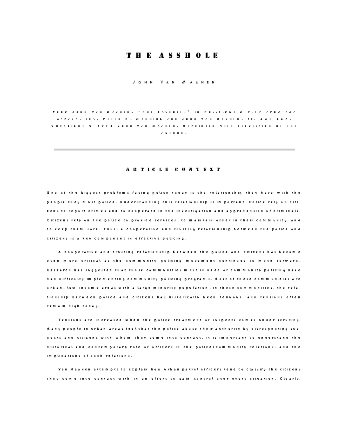 Policing and the 'Asshole': Insights from John Van Maanen's Study - Studocu