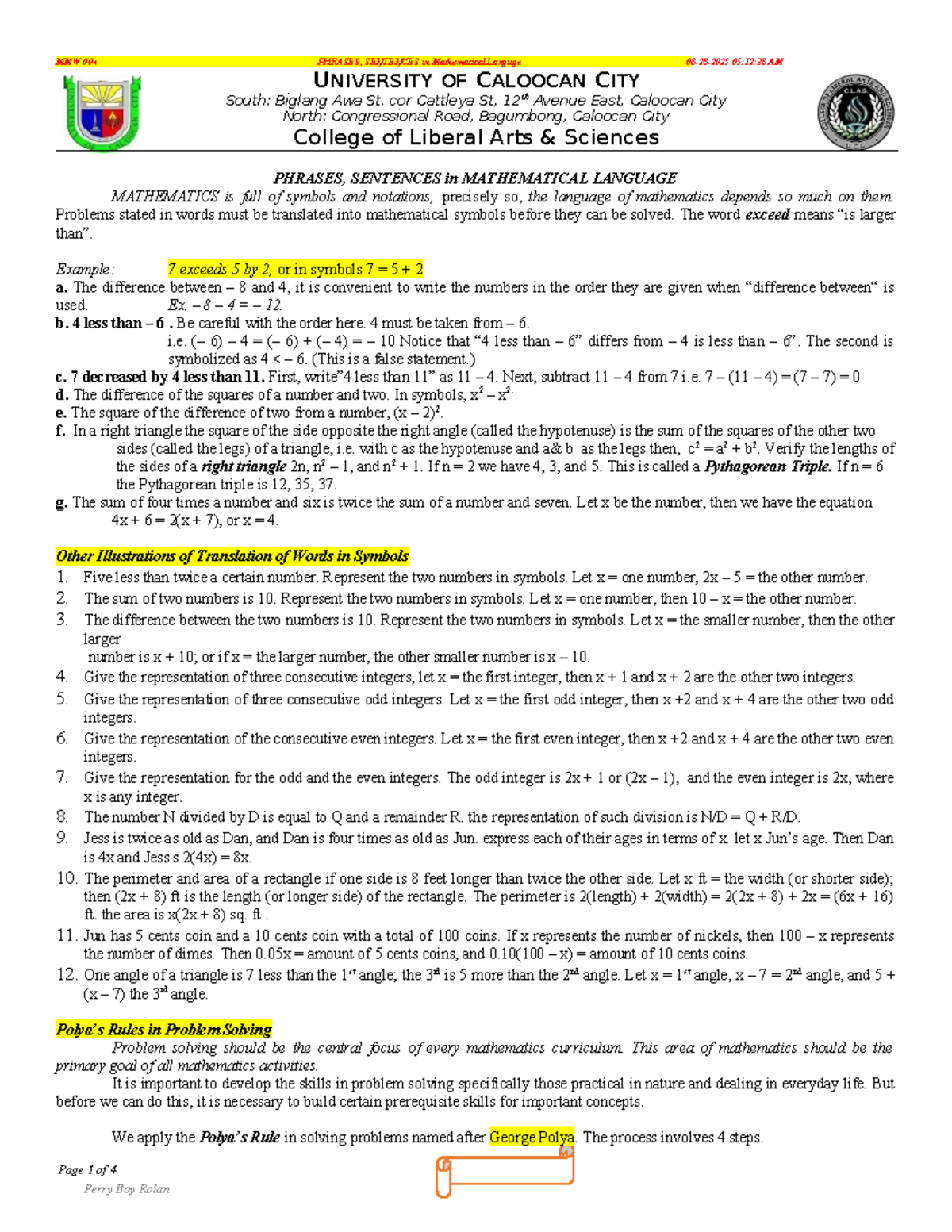 MMW 004 Phrases & Sentences in Mathematical Language - 2023 - Studocu