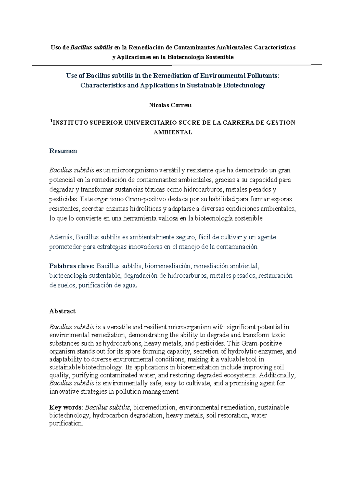 Uso de Bacillus subtilis en Biorremediación Ambiental: Potencial y ...