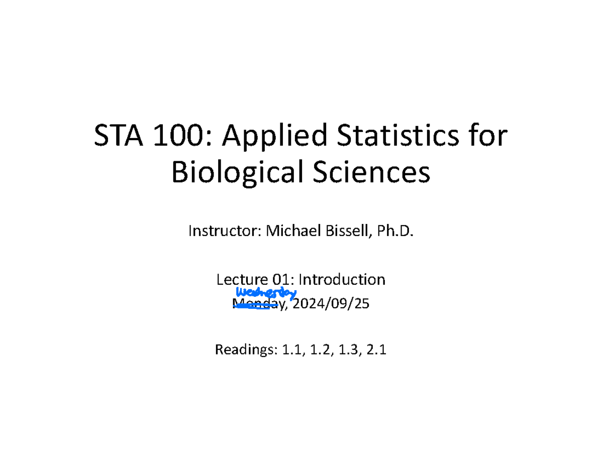 STA 100: Lecture 01 - Introduction to Applied Statistics for Biological ...