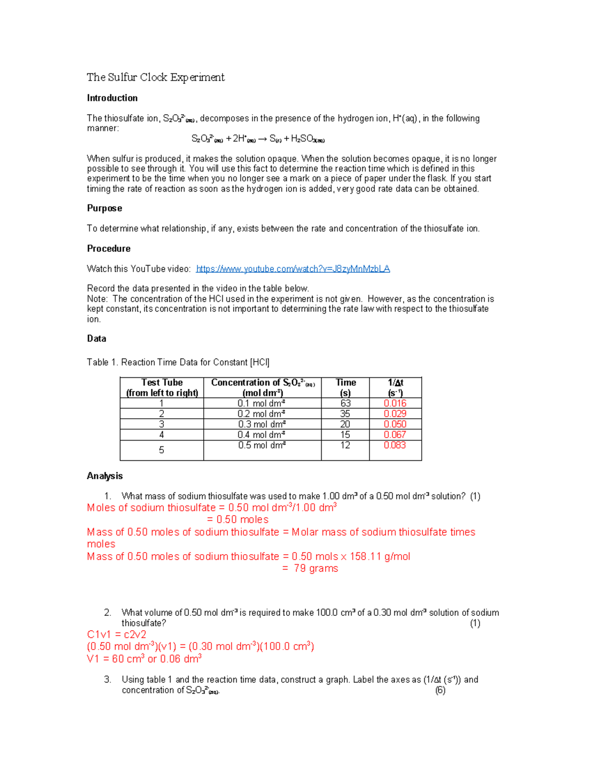 Sulfur Clock Experiment: Rate Analysis of Thiosulfate Ion Reaction ...