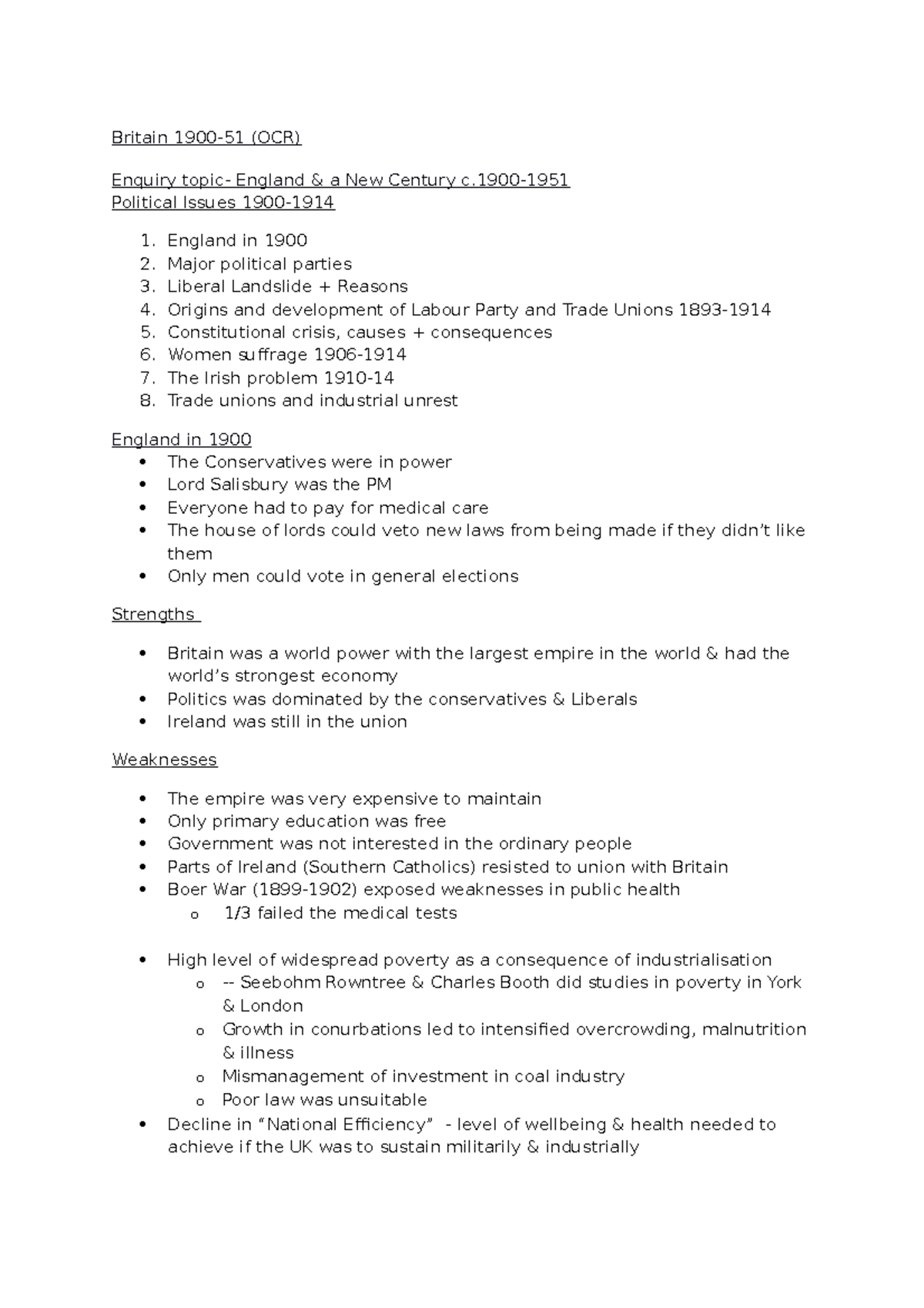 Britain Political Issues 1900-14: Key Events & Developments (OCR) - Studocu